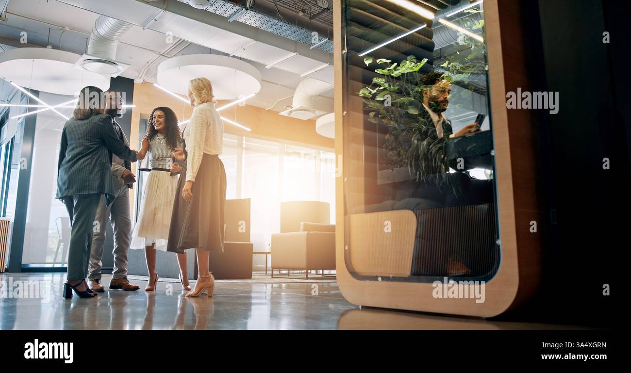 Lobby, corporate and business people with cubicle in office for ...