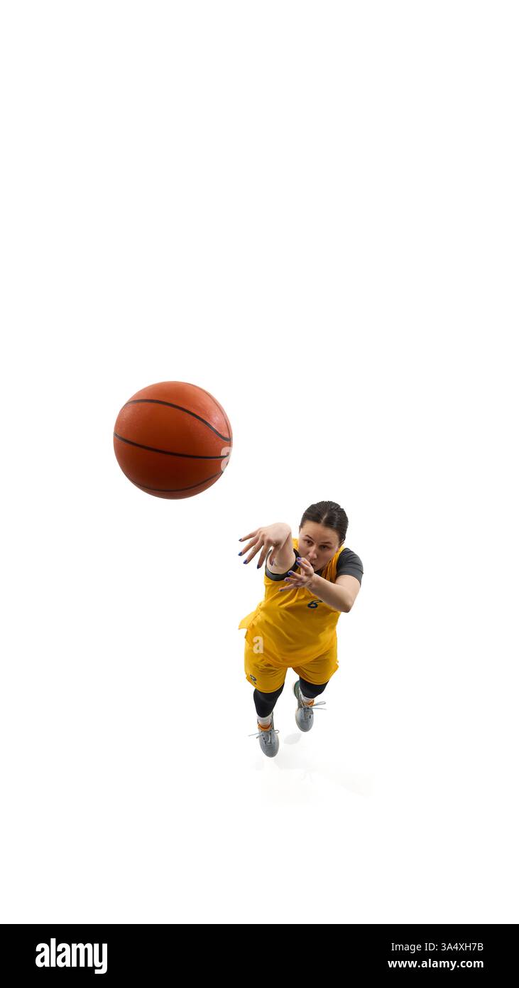 Top view dynamic image of woman, basketball player scoring goal ...
