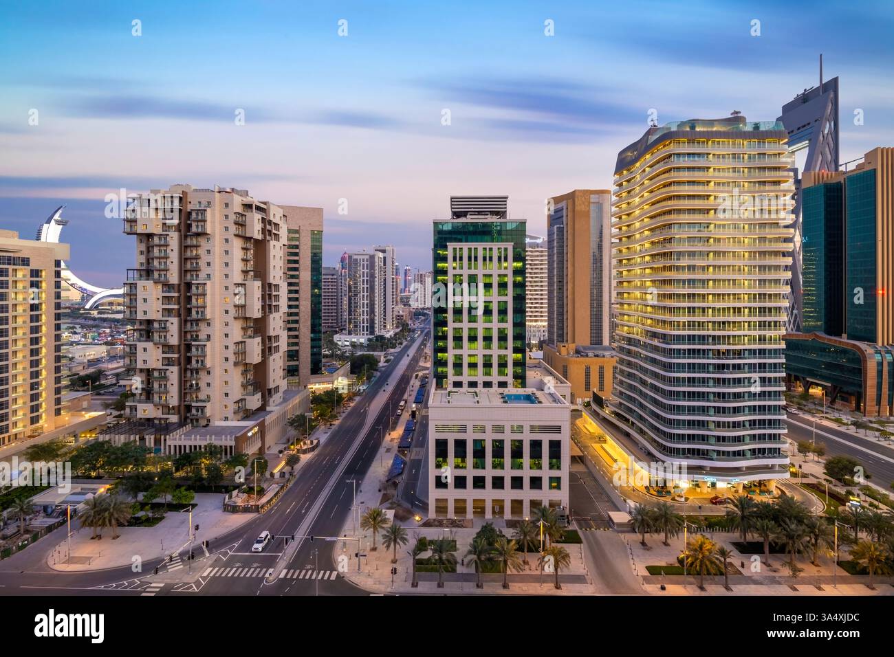 Aerial night view of Modern and beautiful Lusail Skyline Qatar ...