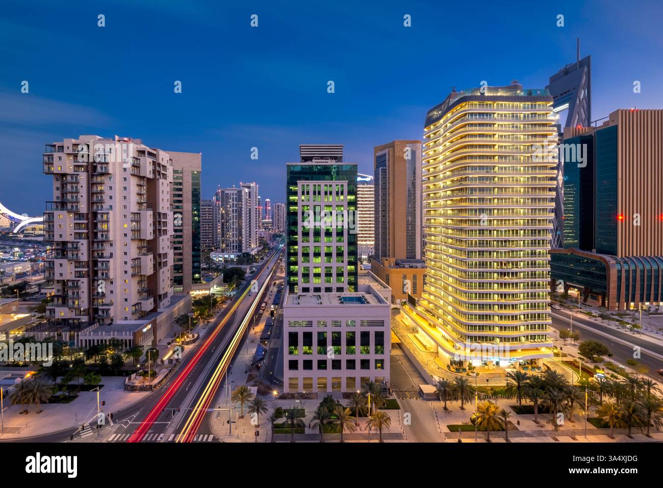 Aerial night view of Modern and beautiful Lusail Skyline Qatar ...