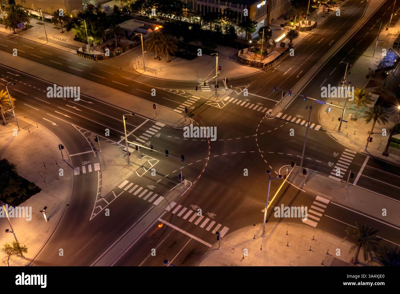 Aerial view of Lusail road roundabout signal. Lusail Roads and traffic ...