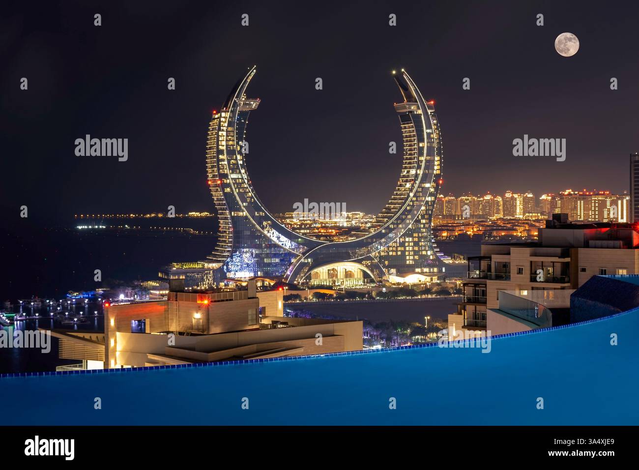 Katara hotel view from Lusail Marina Park. Crescent Tower Fairmont Doha ...