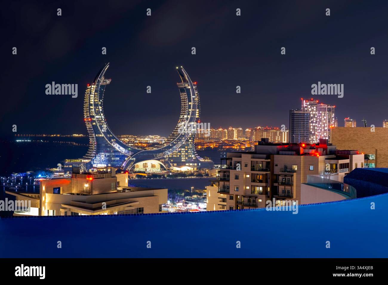 Katara hotel view from Lusail Marina Park. Crescent Tower Fairmont Doha ...