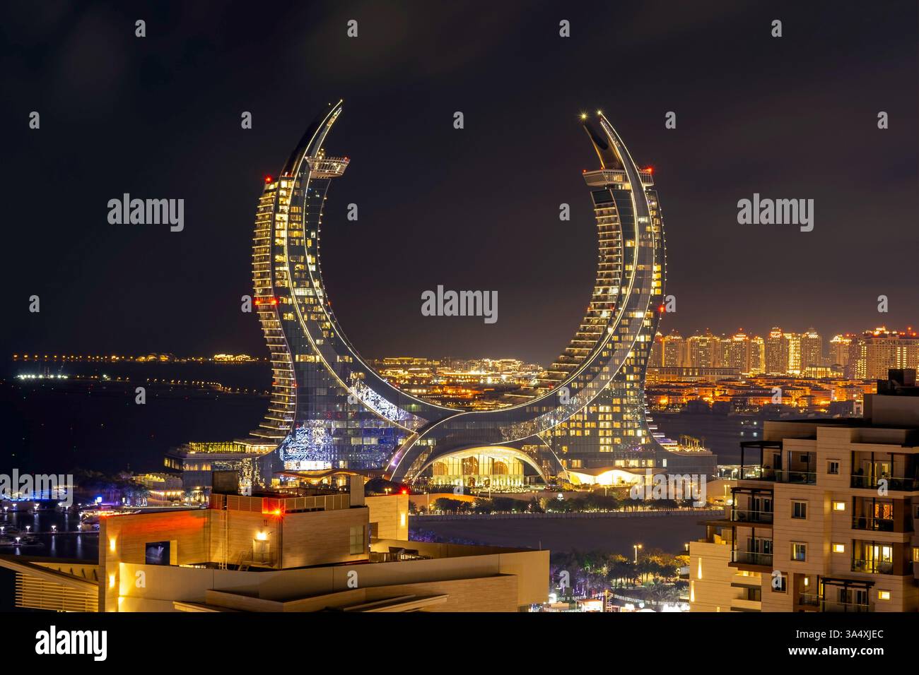 Katara hotel view from Lusail Marina Park. Crescent Tower Fairmont Doha ...