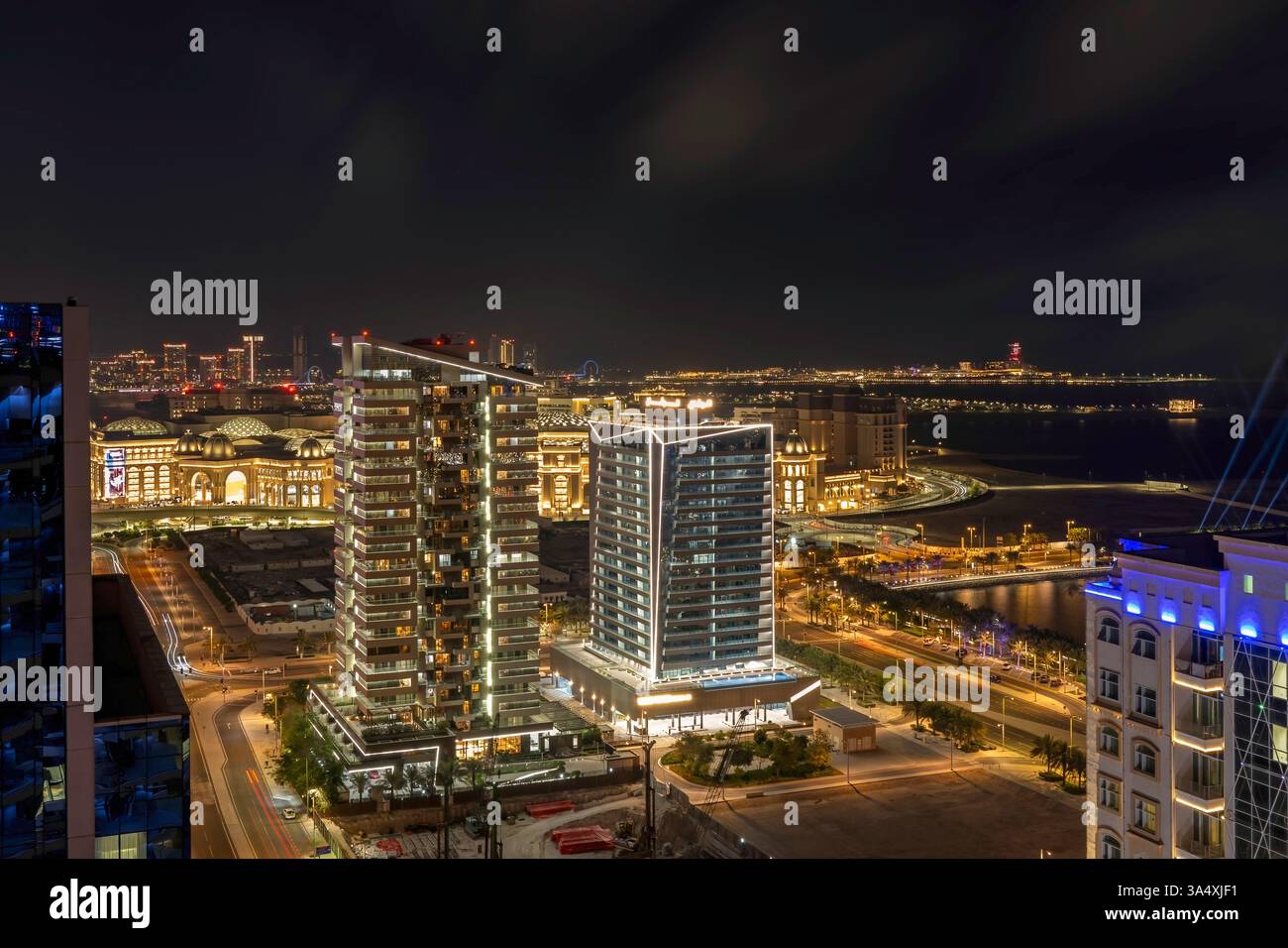 Aerial night view of Modern and beautiful Lusail Skyline Qatar ...