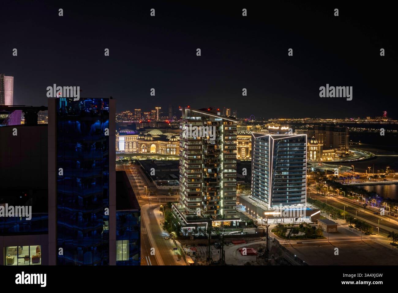 Aerial night view of Modern and beautiful Lusail Skyline Qatar ...