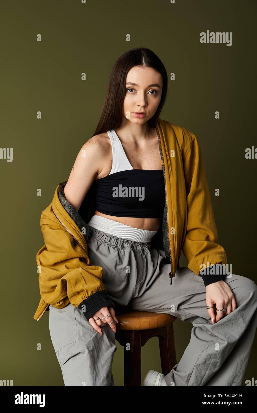 A stylish woman displays her unique fashion in a modern setting ...