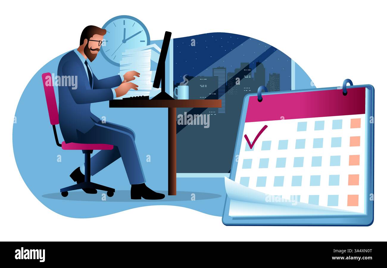 Calendar icon and a man working late at night on computer, the window reveals a cityscape at ...