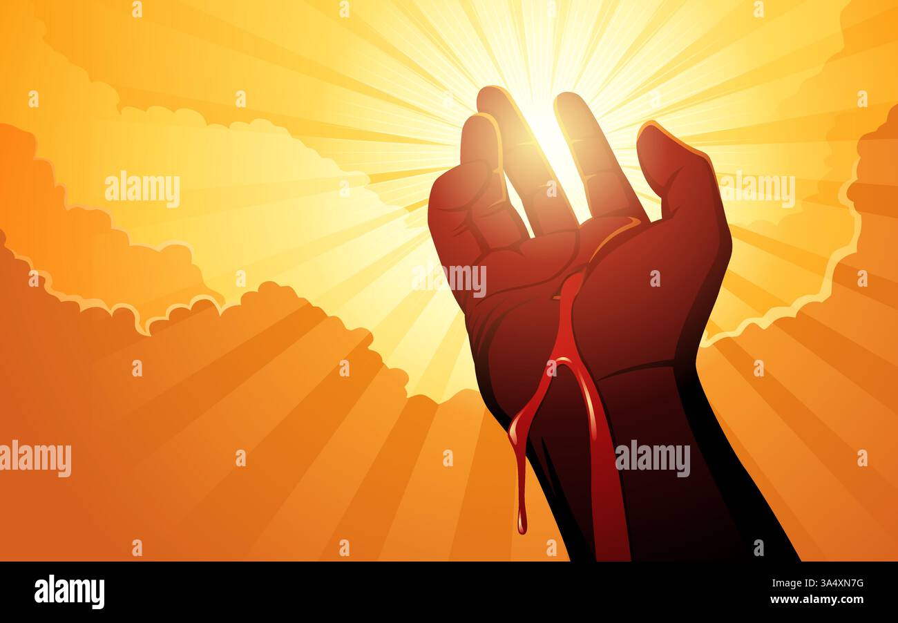 Jesus hands flowing with blood during the crucifixion, symbolizing ...