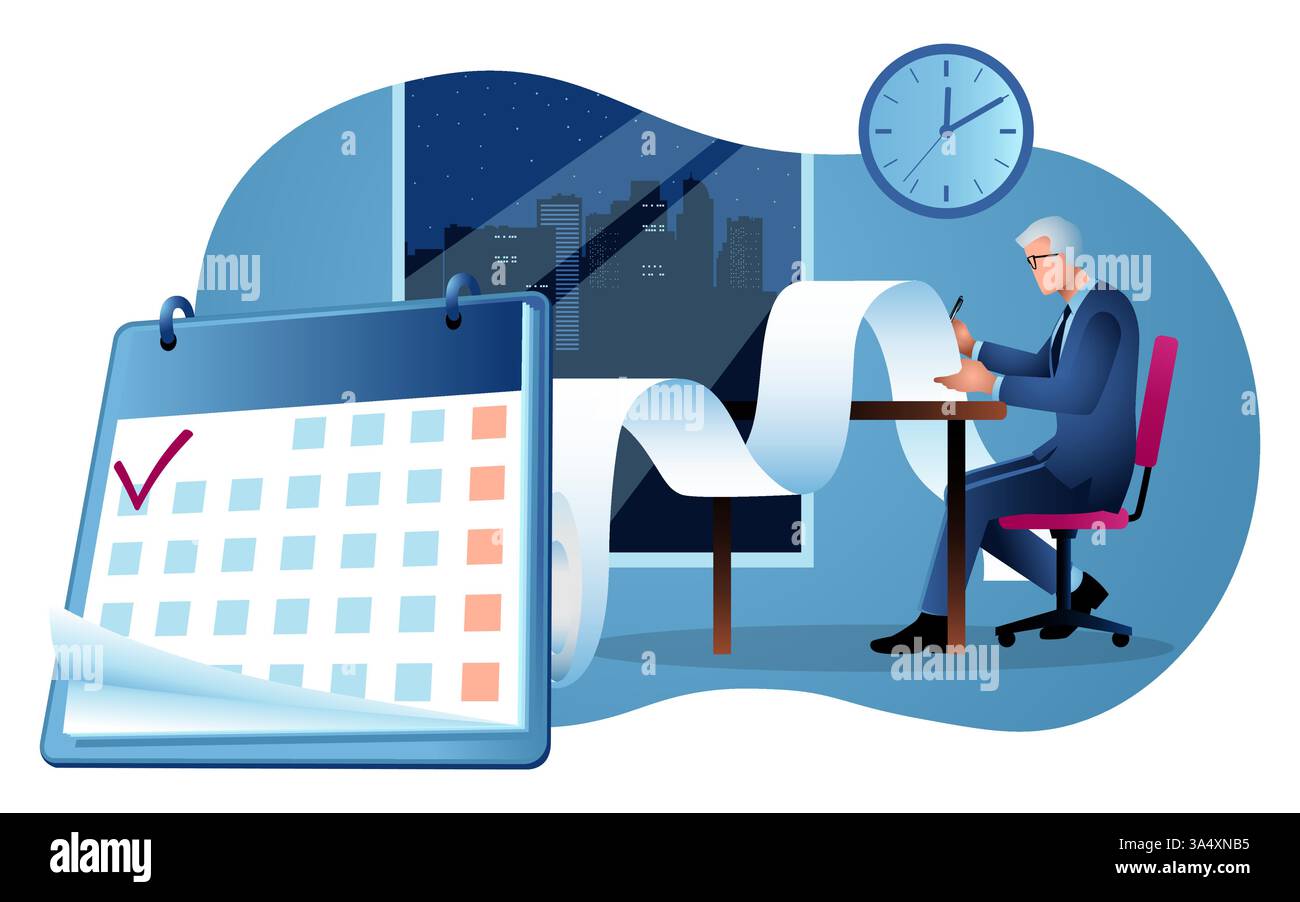 Calendar icon and a man working late at night, writing on a long circular paper, the window ...