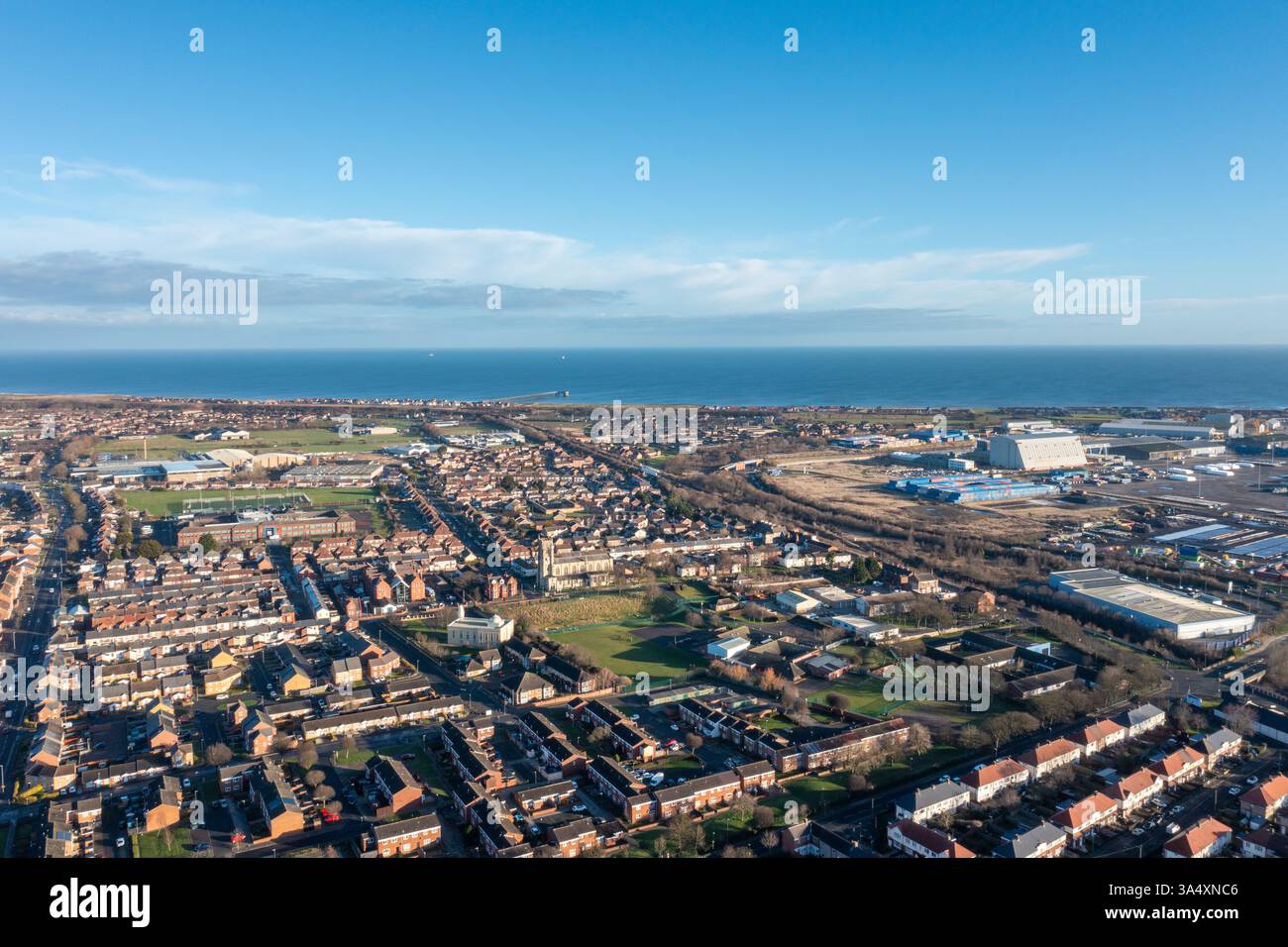 Aerial drone photo of the town of Hartlepool in the UK showing rows of ...