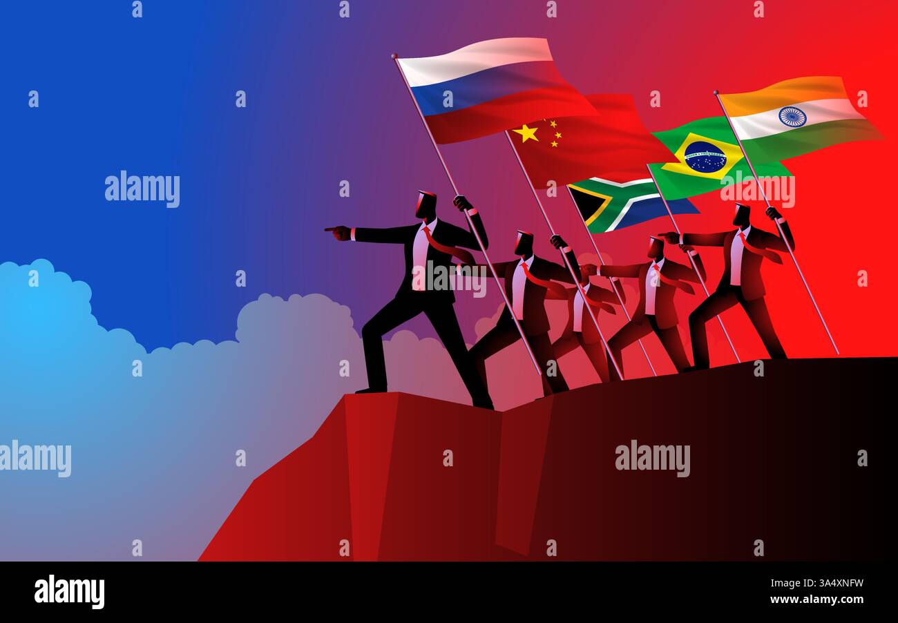 Businessmen from BRICS countries standing on a cliff, holding their ...