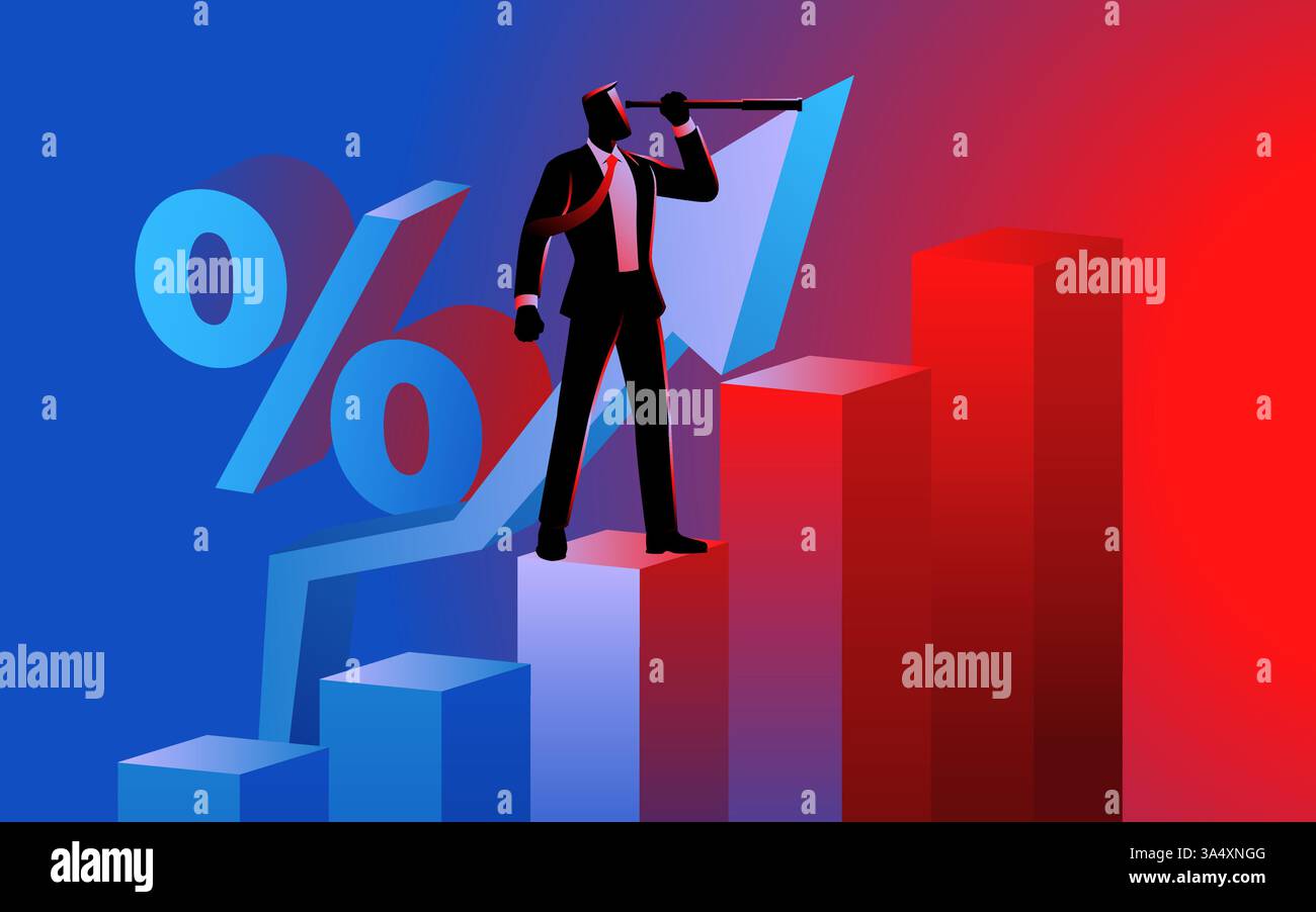 Businessman standing on a rising graph chart, using a telescope to ...