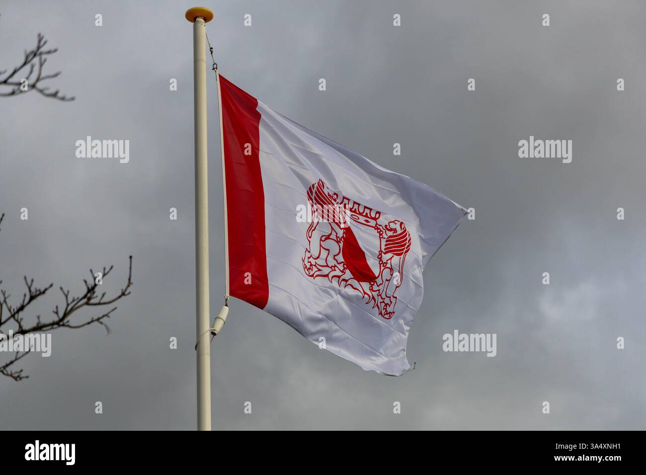 Coat of arms of Utrecht on a flag waving in the wind on a grey day. The ...