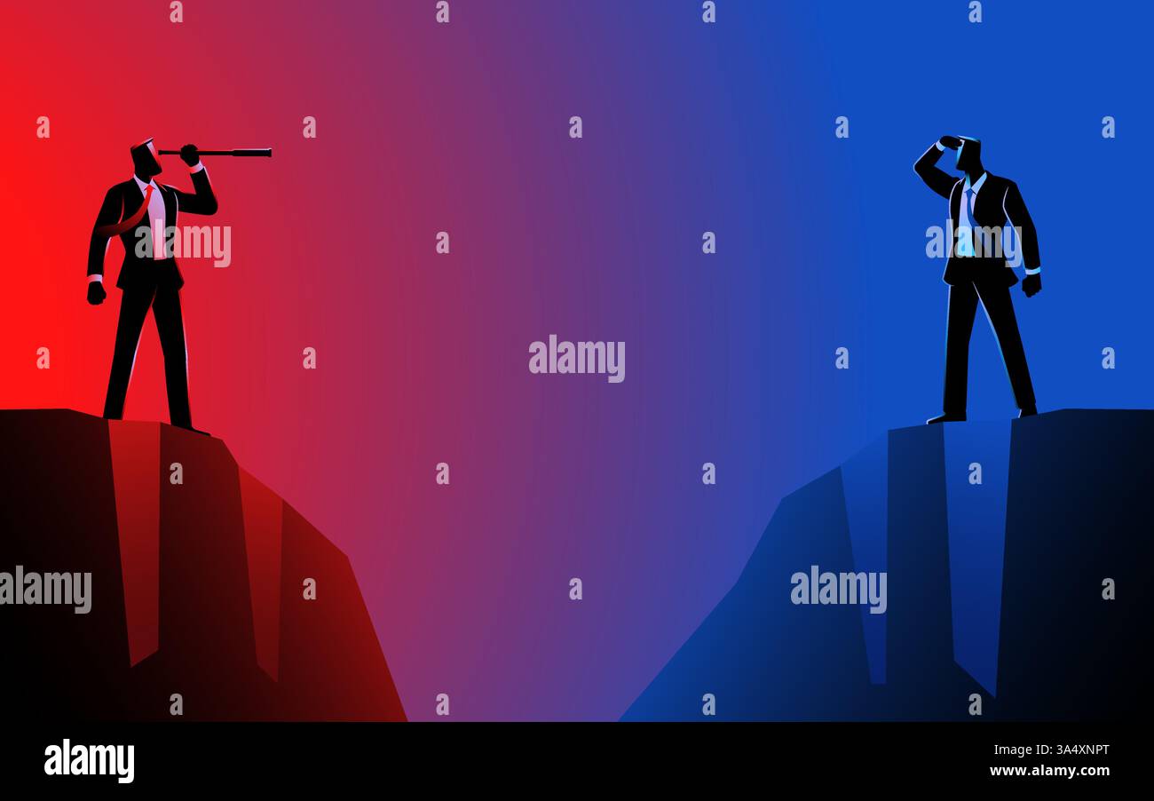 Two businessmen observes each other from opposite cliffs, one using a ...