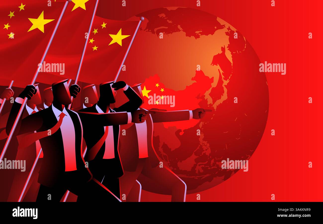 Group of confident businessmen proudly holding the China flag and ...