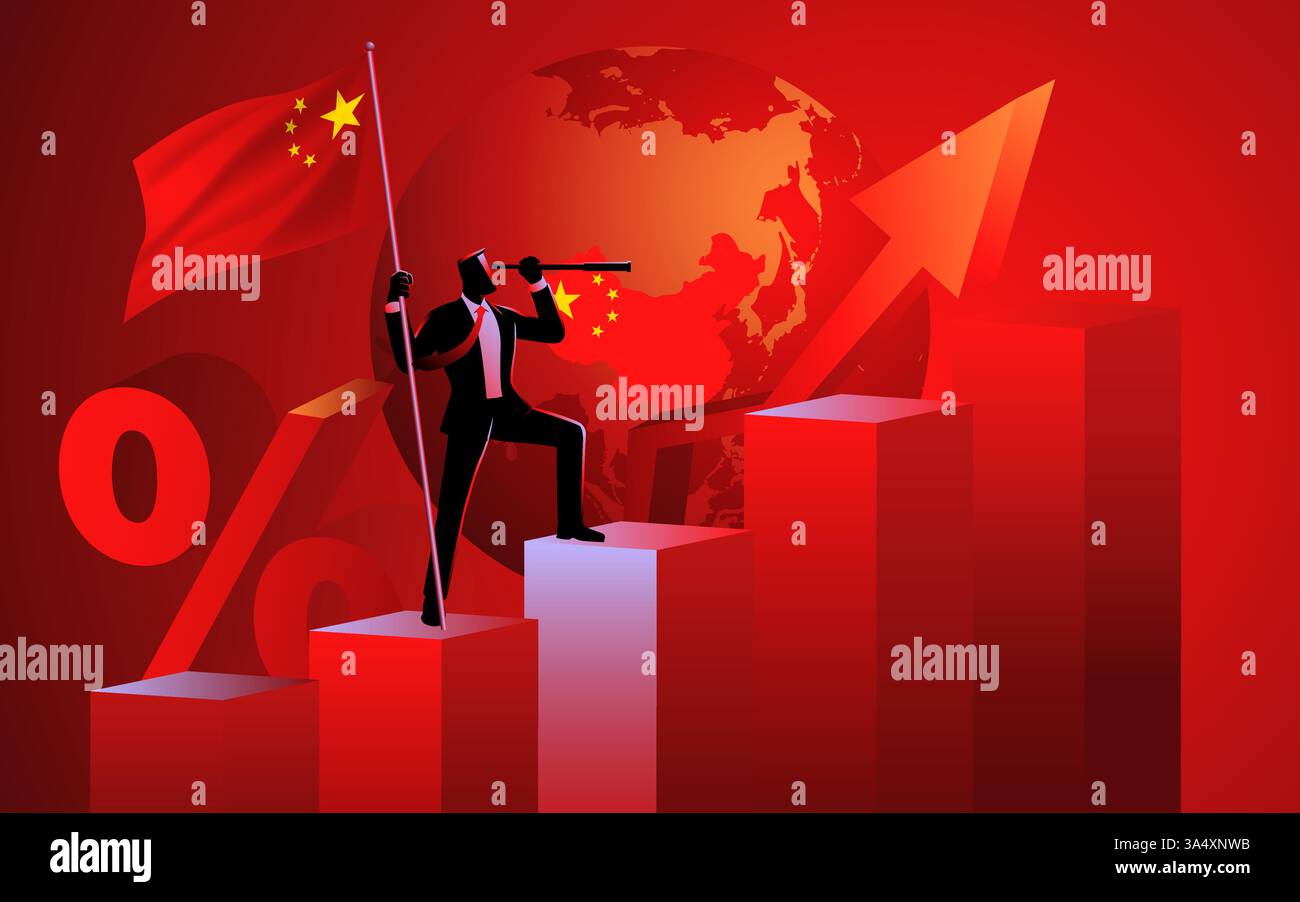 Businessman standing atop a rising graph chart, holding the Chinese ...