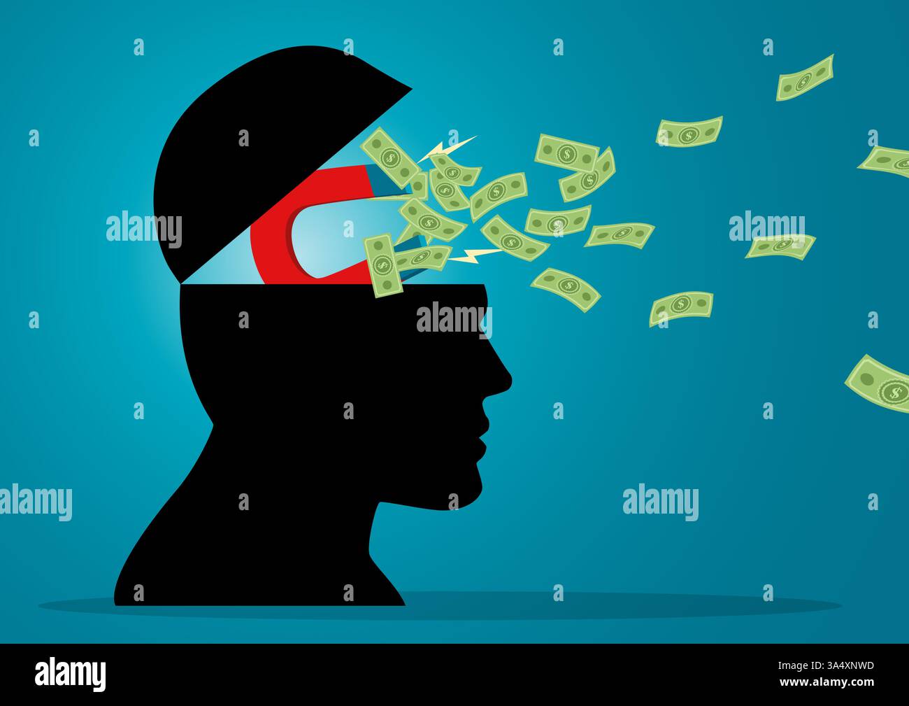 Open human head with a powerful magnet pulling in lot of money ...