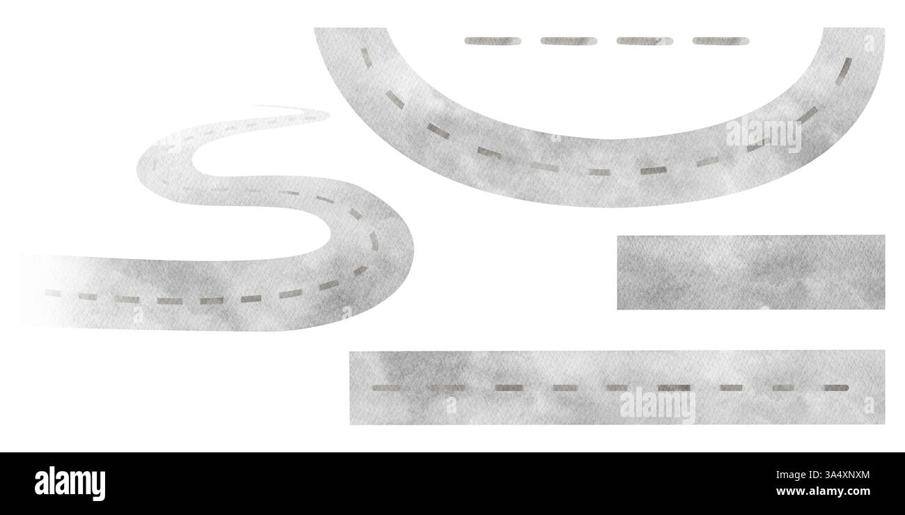 Watercolor asphalt road for cars. Part of the highway, wavy path going ...