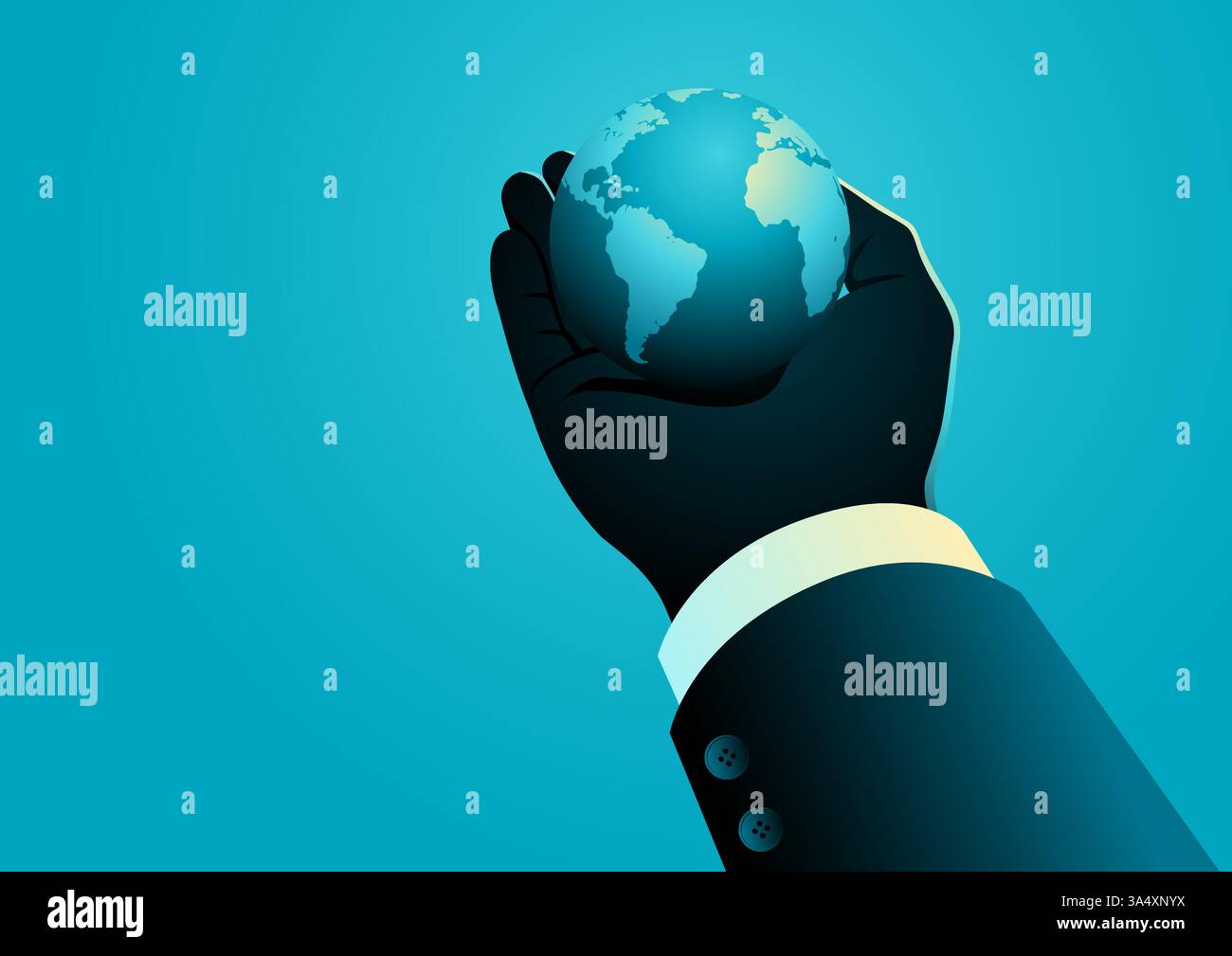 Businessmans hand holding a small globe, symbolizing control ...