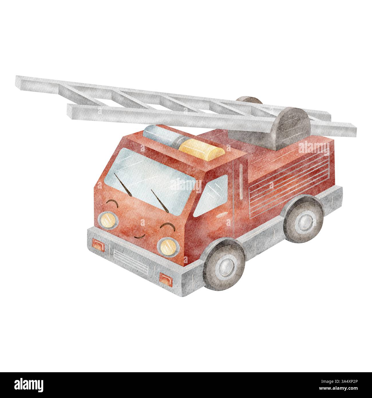 Watercolor children's fire truck cheerful rescue transport of red color ...