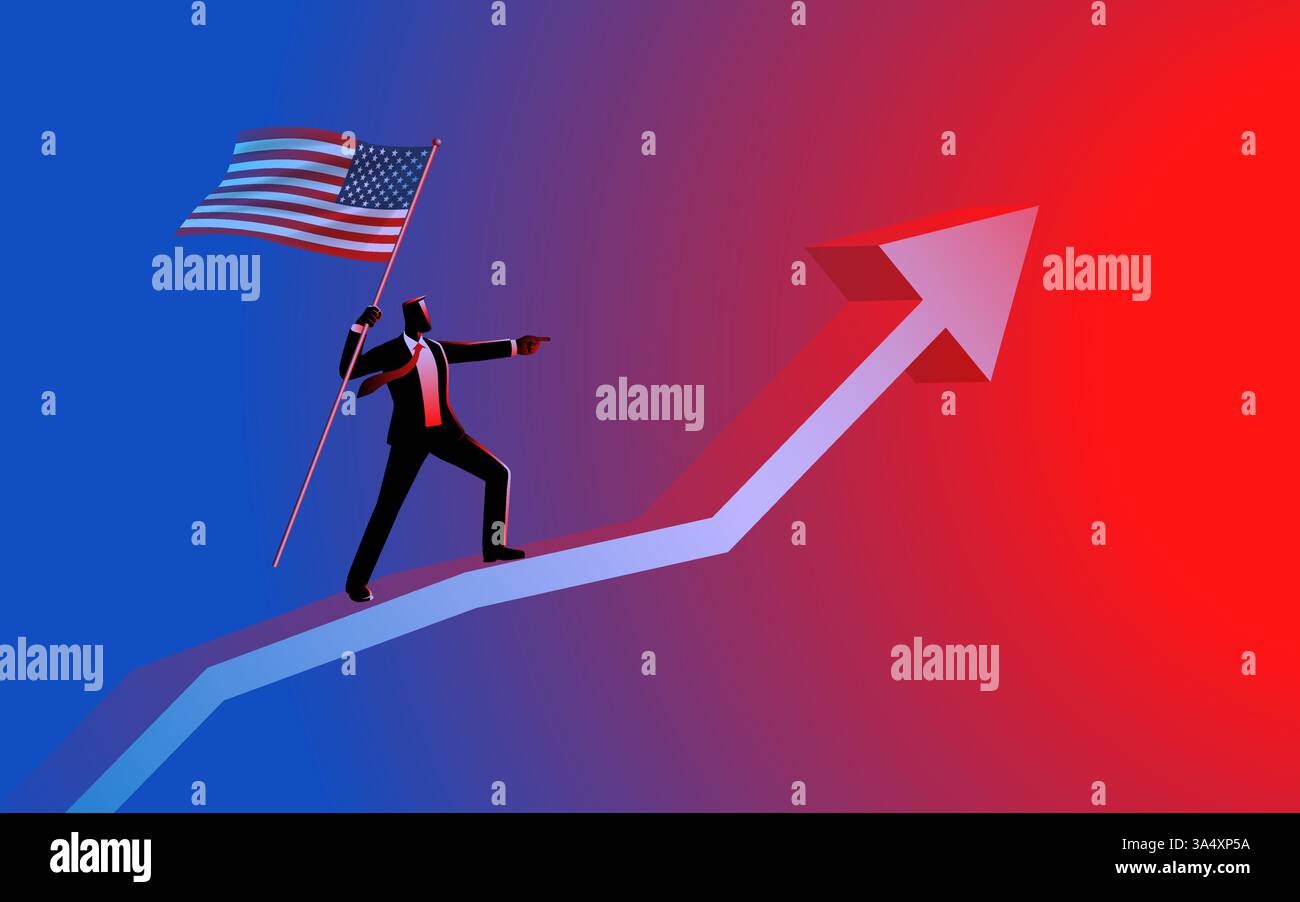 Businessman holding the American flag atop a rising arrow graph ...