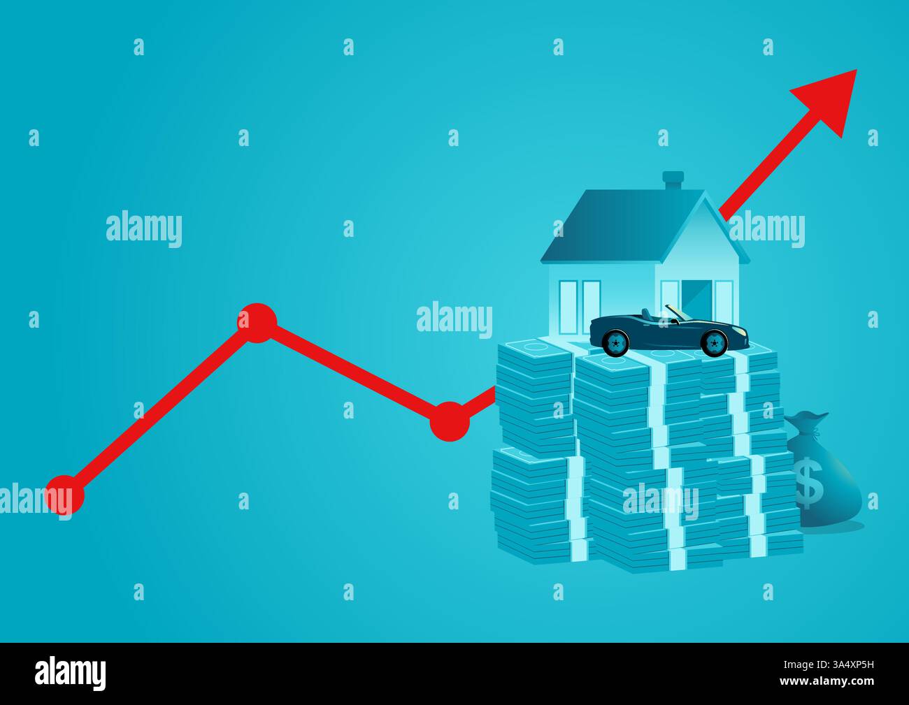 Infographic featuring a house and car icon atop a stack of money, with ...