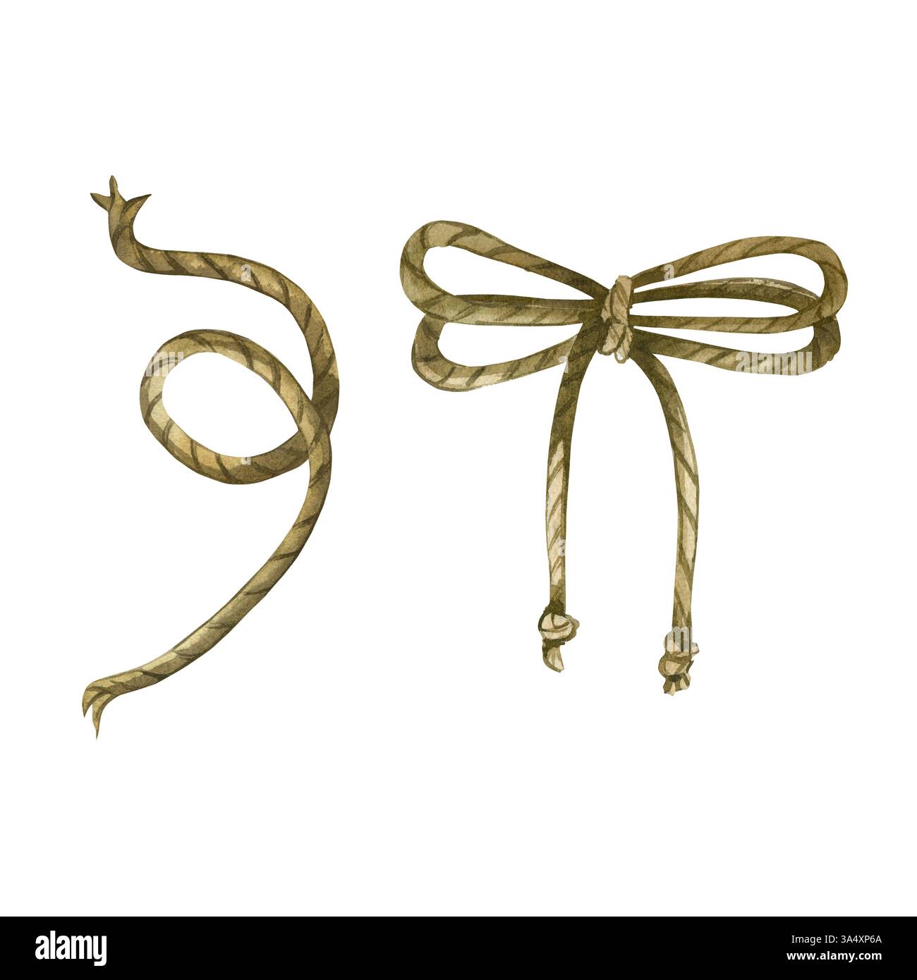 A set of watercolor illustrations, ropes, twines tied in a knot and a ...
