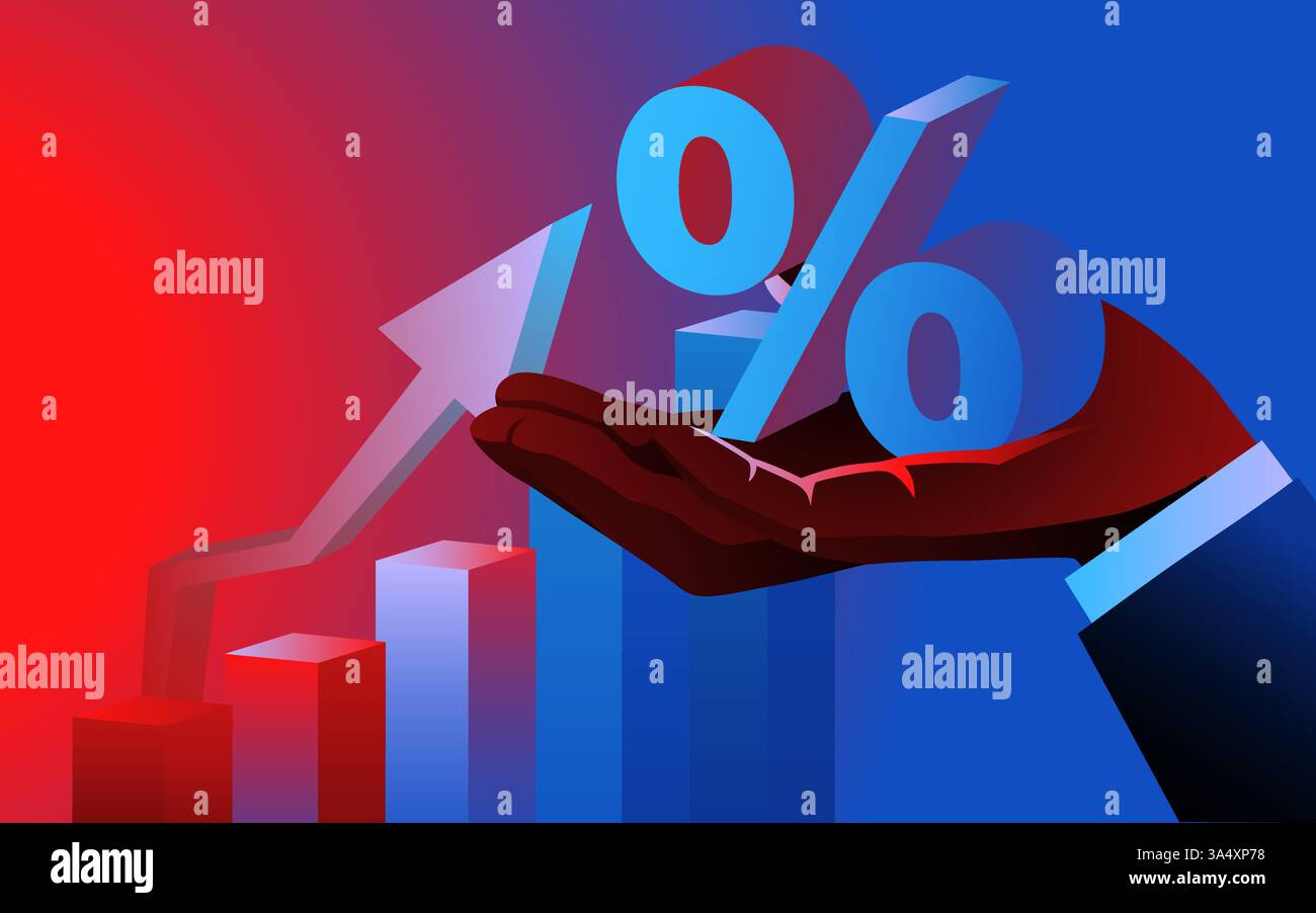 Businessman's hand holding a percentage symbol in front of a rising ...