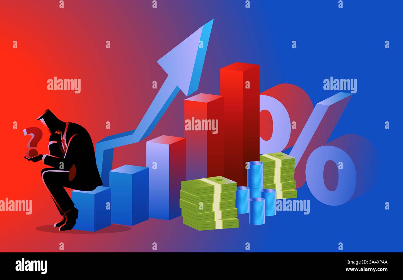 Businessman sitting on a rising graph chart, holding a question mark ...