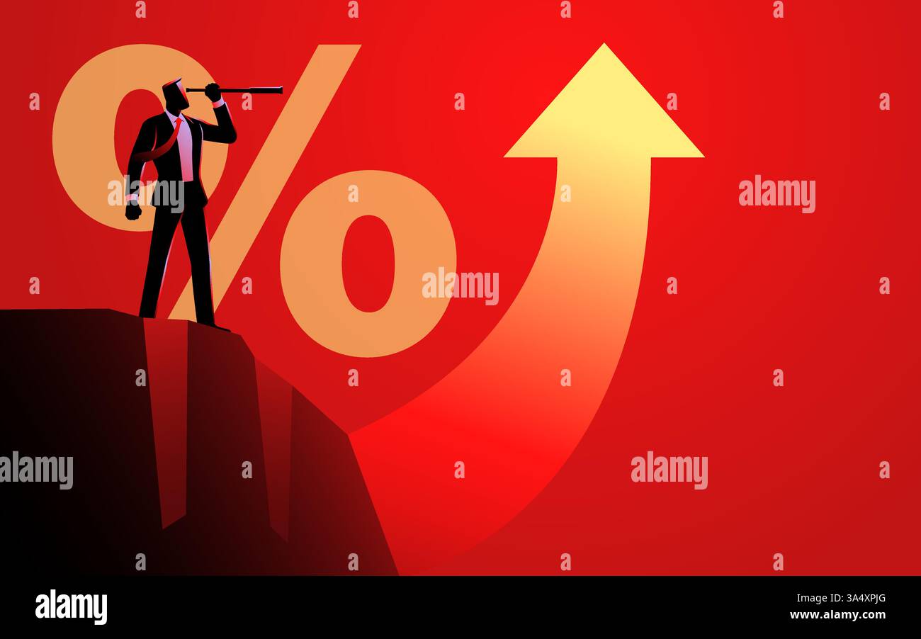 Businessman on the edge of a cliff, using a telescope to observe a ...