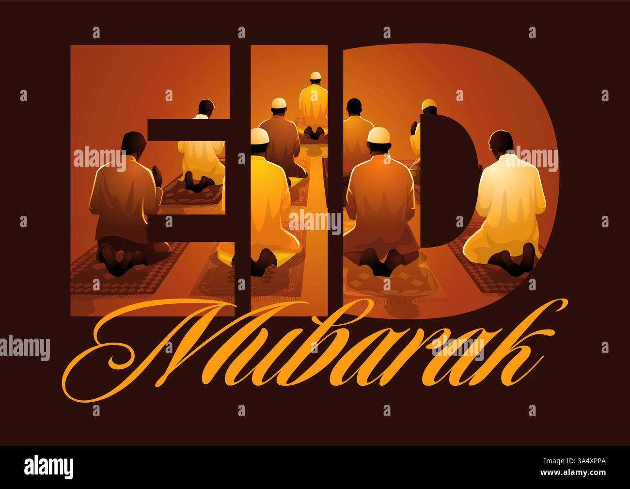Eid Mubarak, featuring Muslim men praying inside the bold EID ...