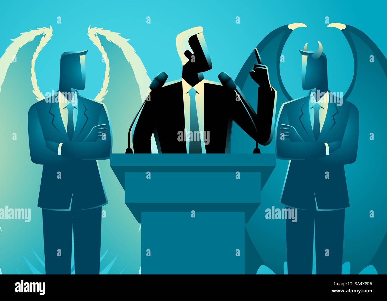 Politician speaking at a podium, flanked by an angel on the right and a ...