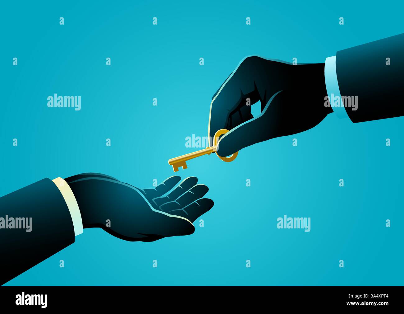 One businessman’s hand passing a golden key to another, representing succesor, trust, and ...