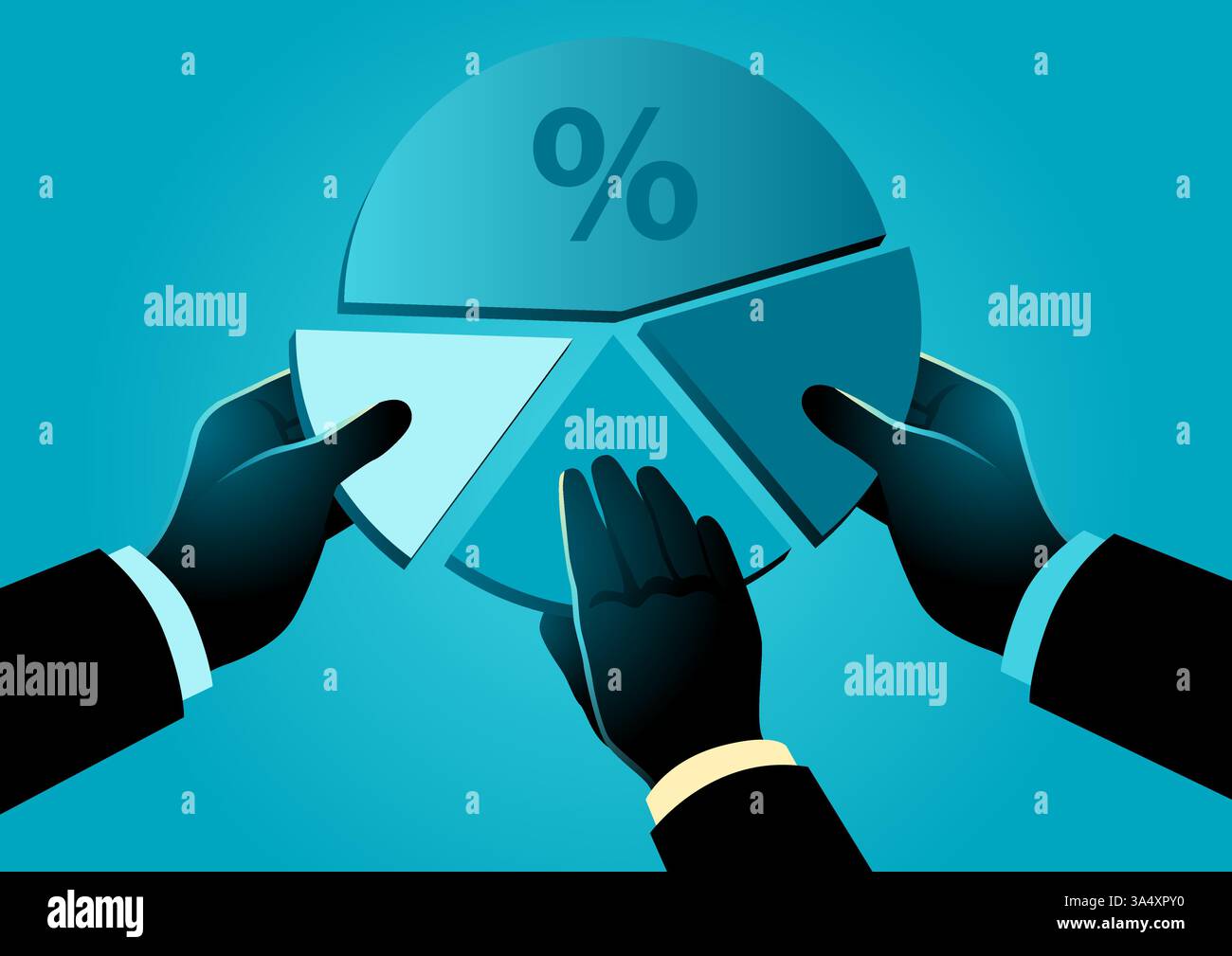 Three businessman hands each holding a piece of a circular chart ...