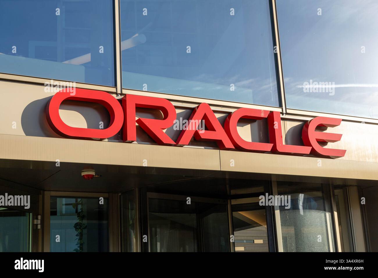 Oracle logo above the entrance of an office in Utrecht. Oracle is the ...