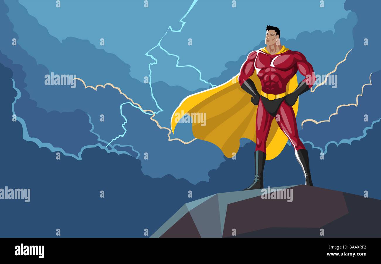 Superhero standing tall atop a rock, surrounded by dramatic storm ...