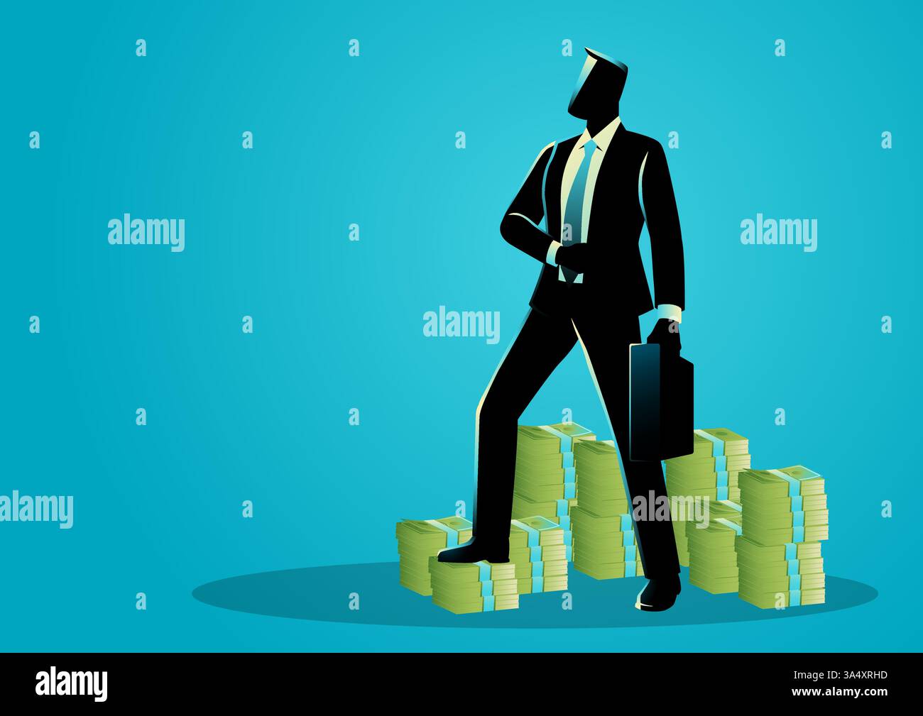 Confident businessman stands triumphantly on stacks of money ...