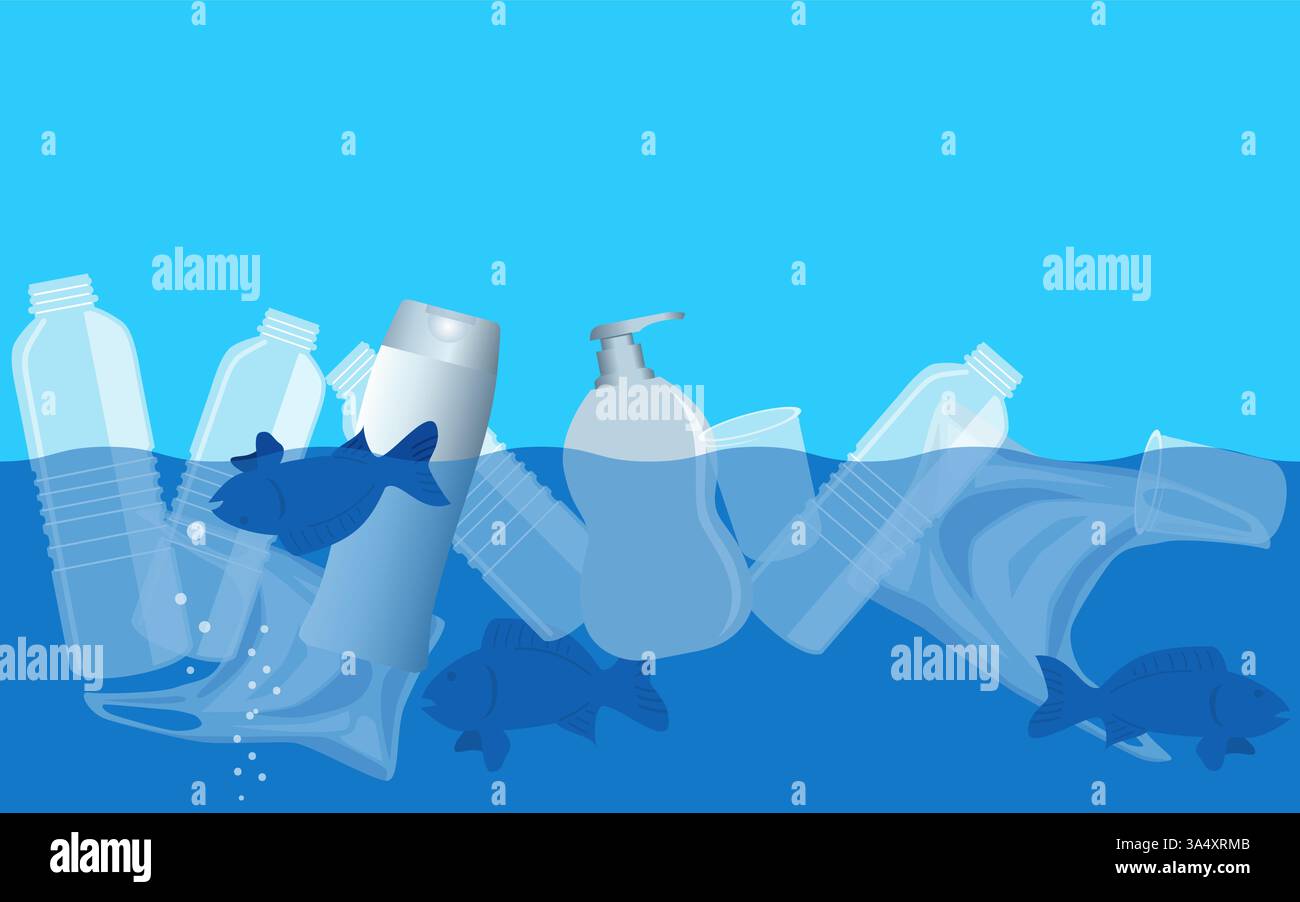 Graphic of plastic bottles floating in water, symbolizing environmental ...