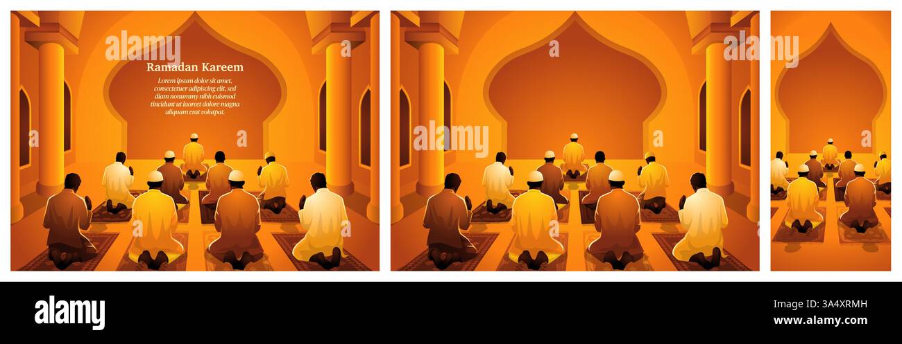 Group of Muslim men praying inside a mosque. They are shown from behind ...