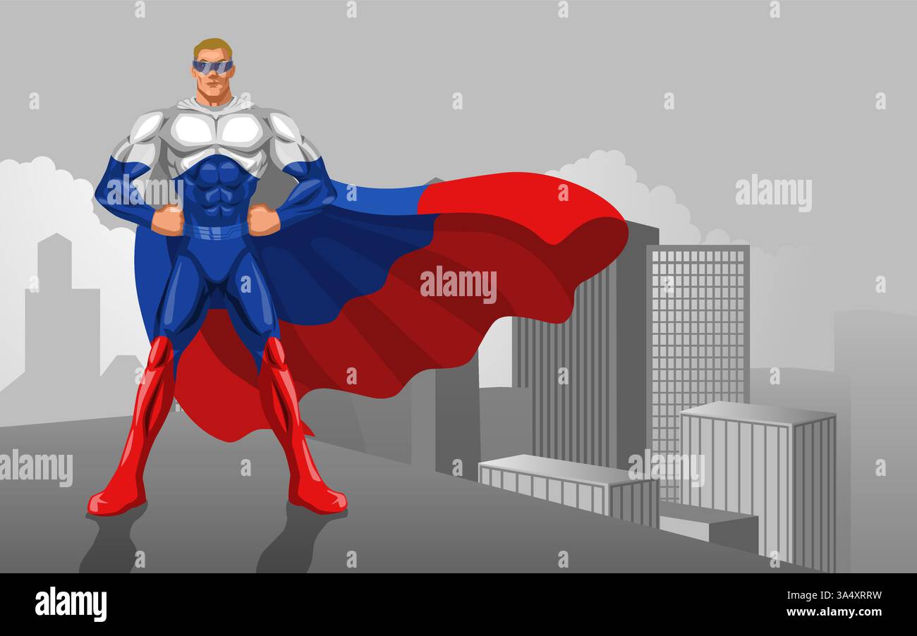 Muscular superhero in a costume inspired by Russia insignia, standing ...