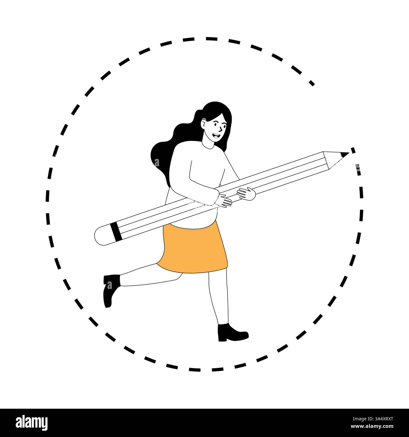 Young woman joyfully carries a giant pencil while running in a playful ...