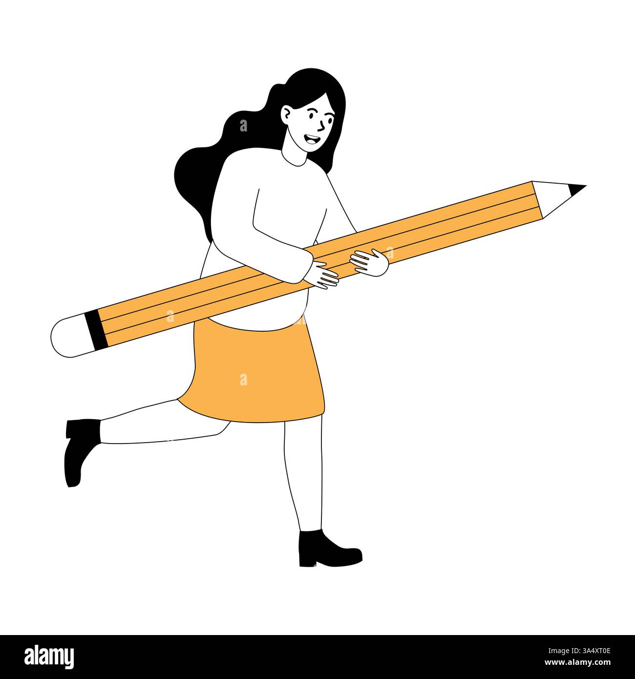 Young woman joyfully running while carrying an oversized pencil ...