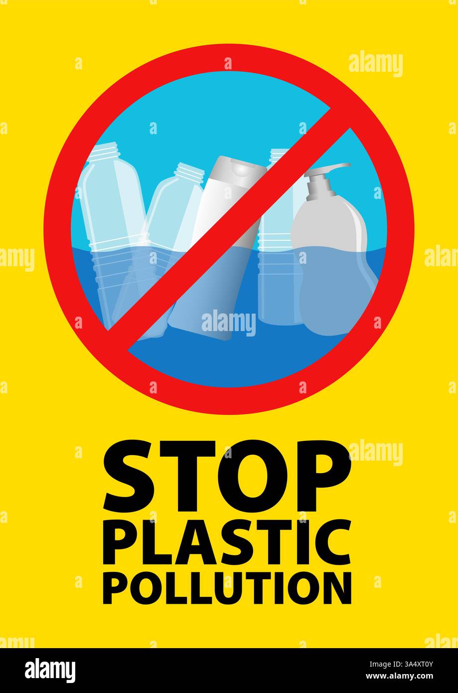 Graphic of plastic bottles floating in water with crossed lines ...