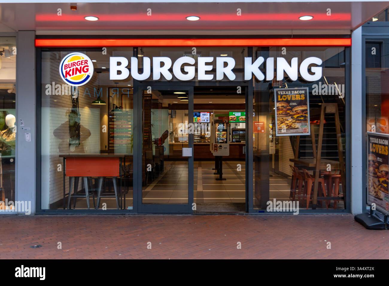 Burger king restaurant logo sign. Burger King is an hamburger fast food restaurant. Empty ...