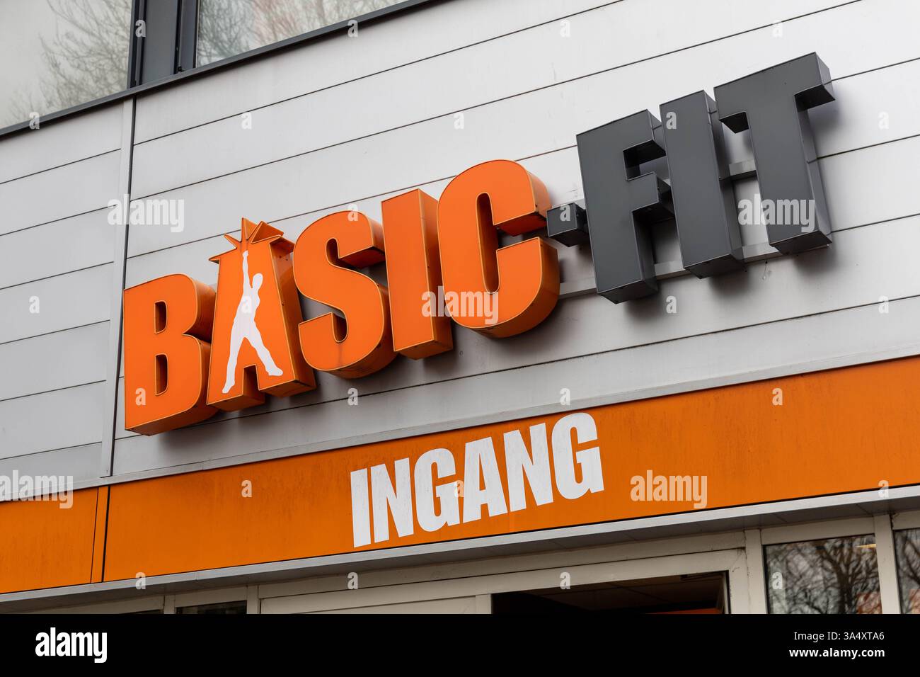 Basic Fit logo sign at the gym. Basic Fit is the largest fitness chain ...