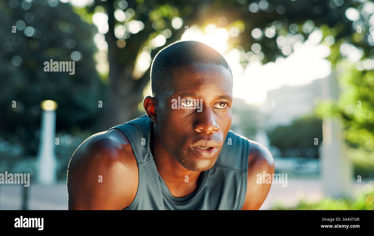 Sweat, break and black man with fitness in nature for sports, exercise ...