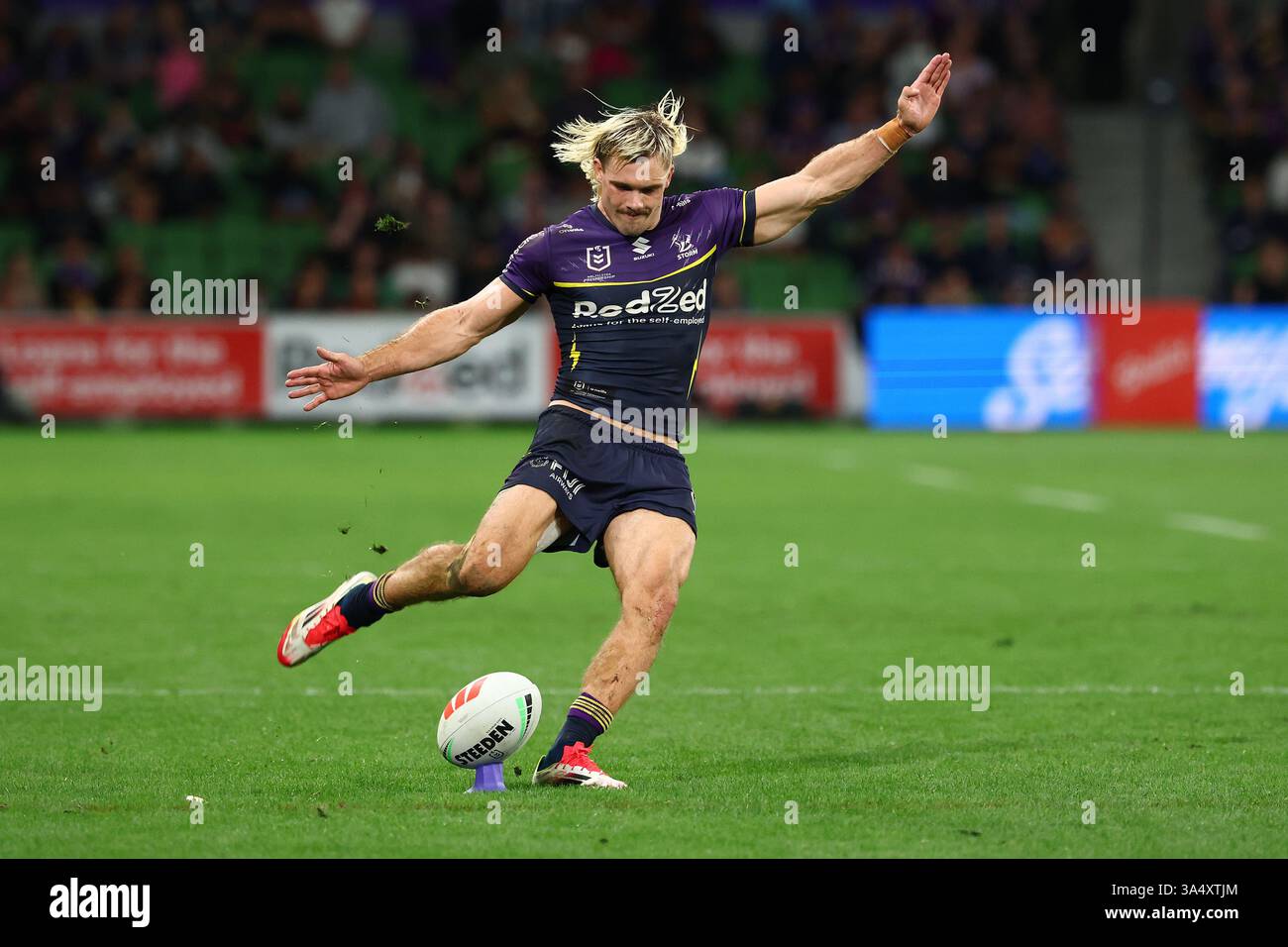 Ryan Papenhuyzen of the Storm takes a conversion kick during the NRL Round 3 match between the ...