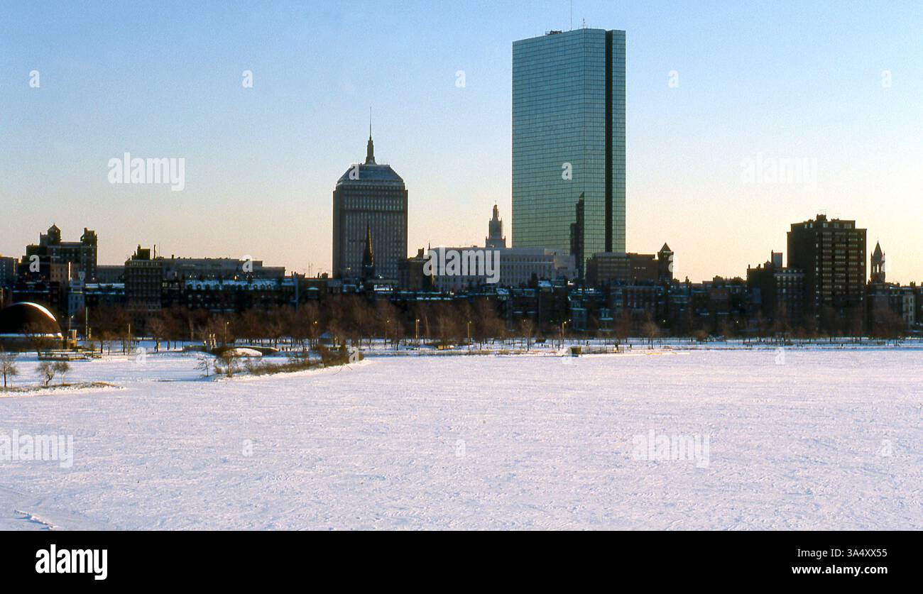 Winter 1979-80. View of Boston skyline across the frozen Charles River ...