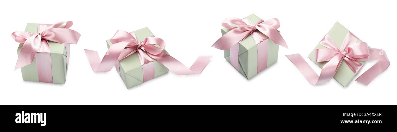 Beautiful gift boxes with pink ribbon bows on white background, collage ...